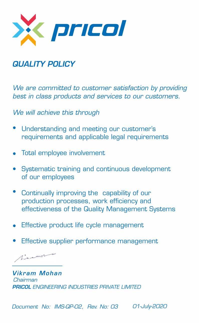 Quality Policy & Certificate – Pricol Engineering Industries Private Limited